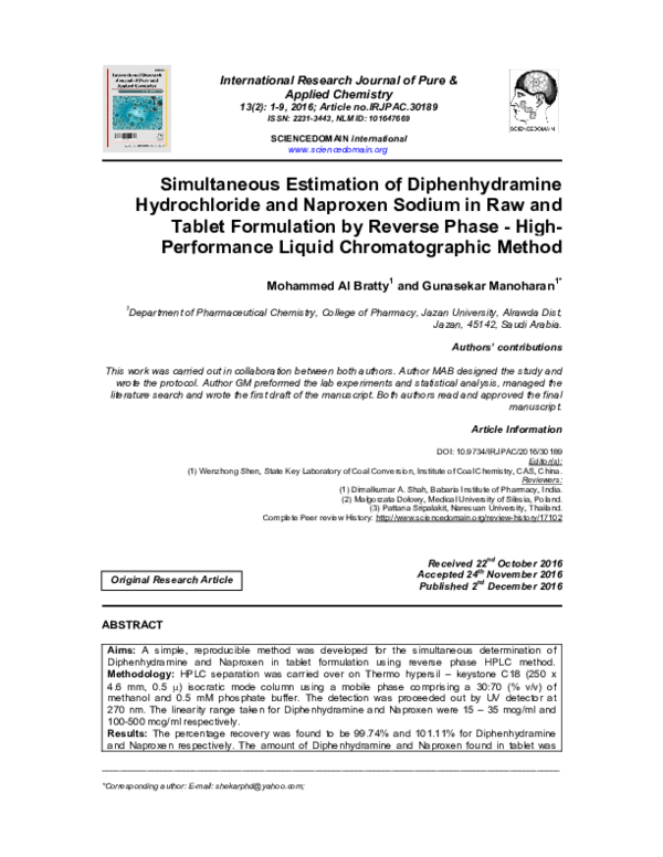 (PDF) Simultaneous Estimation of Diphenhydramine Hydrochloride and Naproxen Sodium in Raw and ...