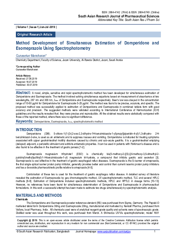(PDF) Method Development of Simultaneous Estimation of Domperidone and Esomeprazole Using ...