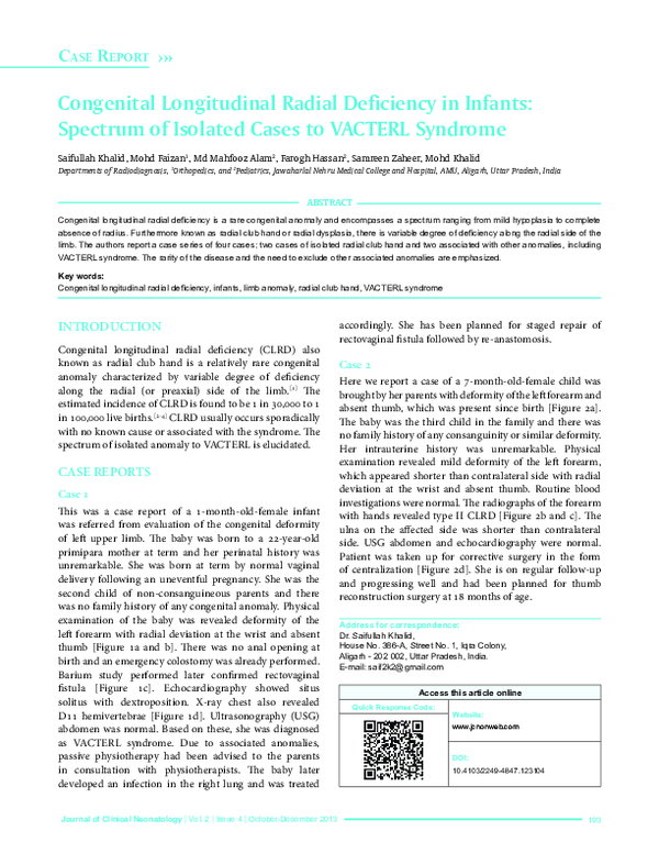 (PDF) Congenital longitudinal radial deficiency in infants: Spectrum of ...