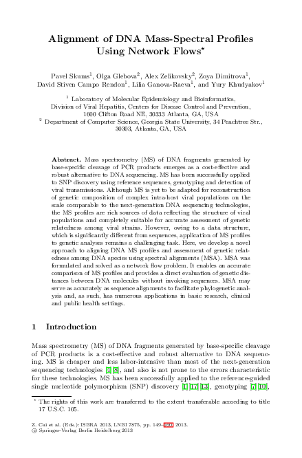 (PDF) Alignment of DNA Mass-Spectral Profiles Using Network Flows