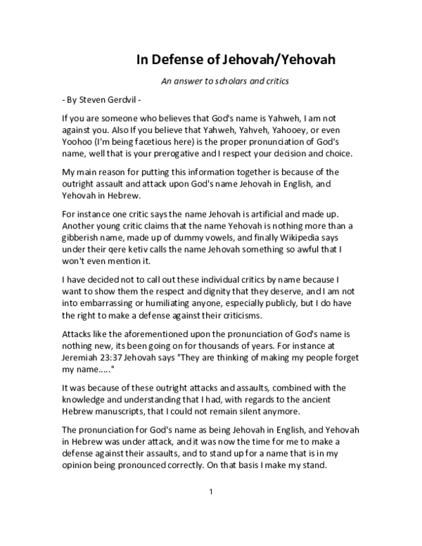 (PDF) "In Defense of Jehovah/Yehovah" - An answer to scholars and critics