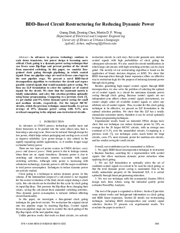 (PDF) BDD-based circuit restructuring for reducing dynamic power
