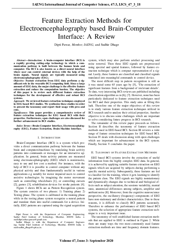 (PDF) Feature Extraction Methods for Electroencephalography based Brain-Computer Interface: A Review