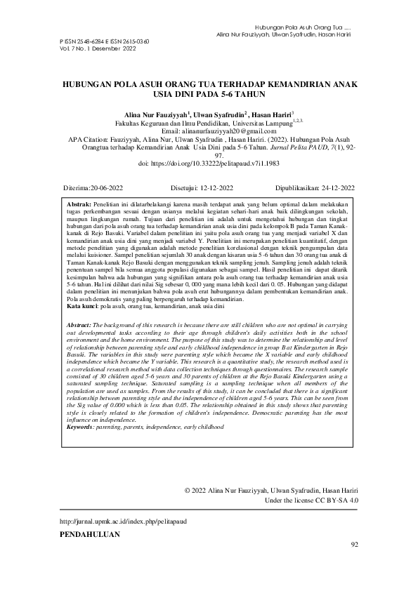 (PDF) Hubungan Pola Asuh Orang Tua Terhadap Kemandirian Anak Usia Dini 5-6 Tahun | Alina Nur ...