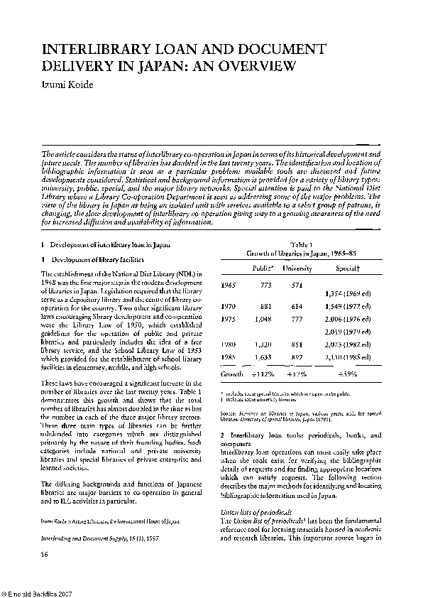 (PDF) Interlibrary Loan and Document Delivery in Japan: An Overview | izumi koide - Academia.edu