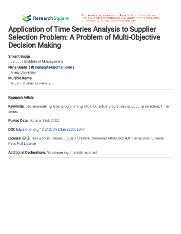 Pdf Application Of Time Series Analysis To Supplier Selection Problem A Problem Of Multi