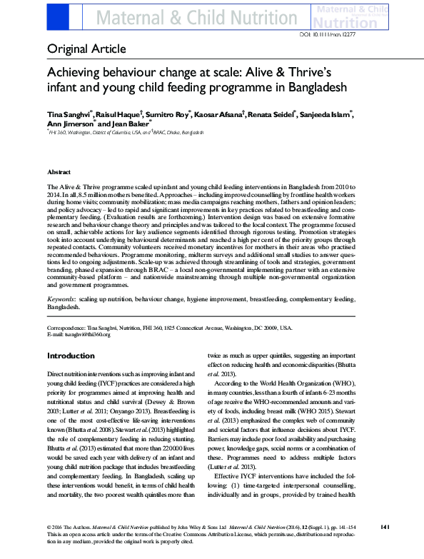 (PDF) Achieving behaviour change at scale: Alive & Thrive's infant and ...