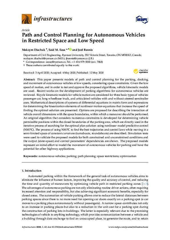 (PDF) Path and Control Planning for Autonomous Vehicles in Restricted Space and Low Speed