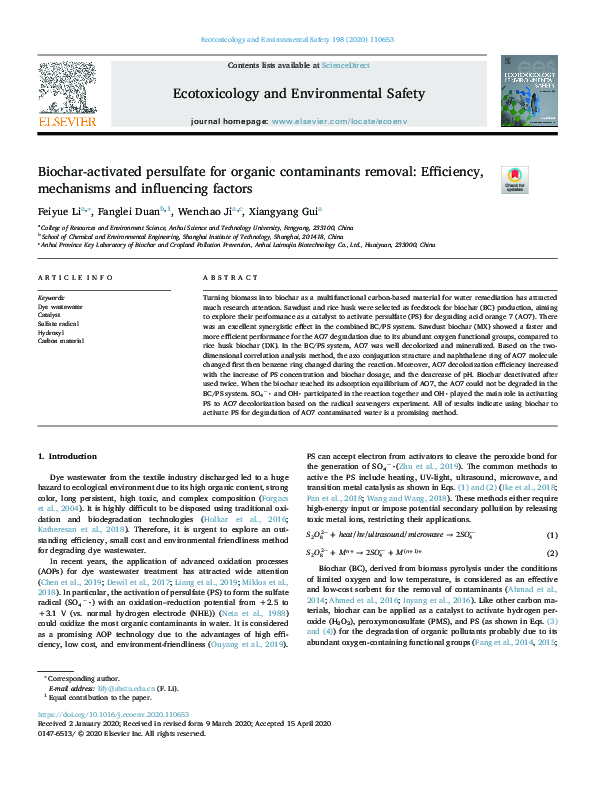 (PDF) Biochar-activated persulfate for organic contaminants removal: Efficiency, mechanisms and ...