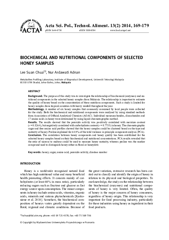 (PDF) Biochemical and nutritional components of selected honey samples