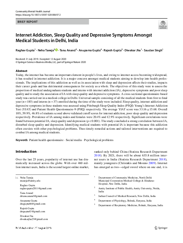 (PDF) Internet Addiction, Sleep Quality and Depressive Symptoms Amongst Medical Students in ...