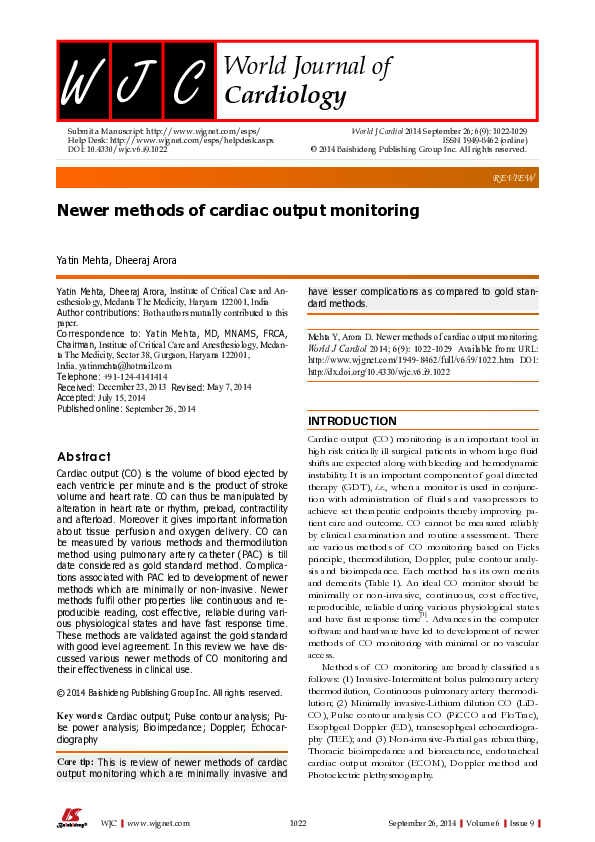 Pdf Newer Methods Of Cardiac Output Monitoring