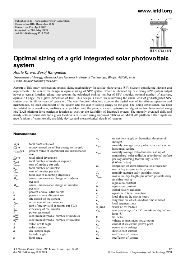 (PDF) Optimal sizing of a grid integrated solar photovoltaic system