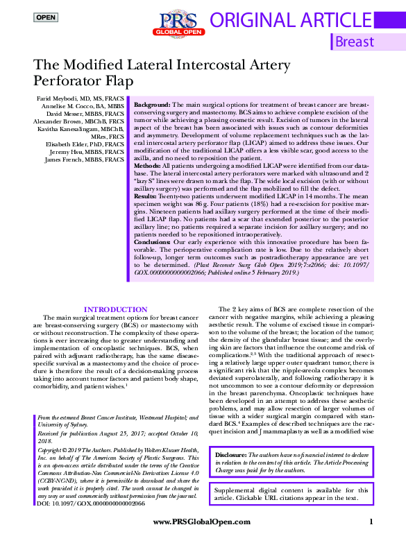 (PDF) The Modified Lateral Intercostal Artery Perforator Flap | James ...