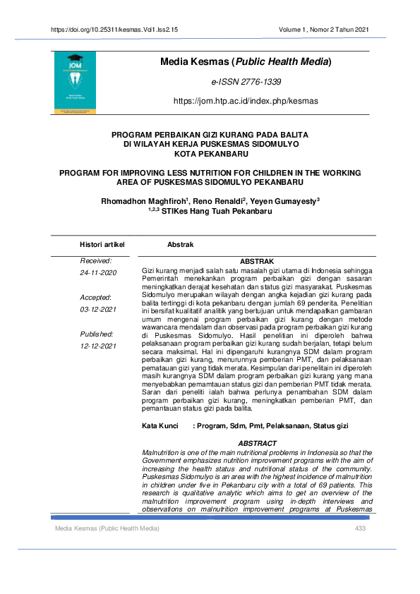(PDF) Program Perbaikan Gizi Kurang Pada Balita DI Wilayah Kerja Puskesmas Sidomulyo Kota ...