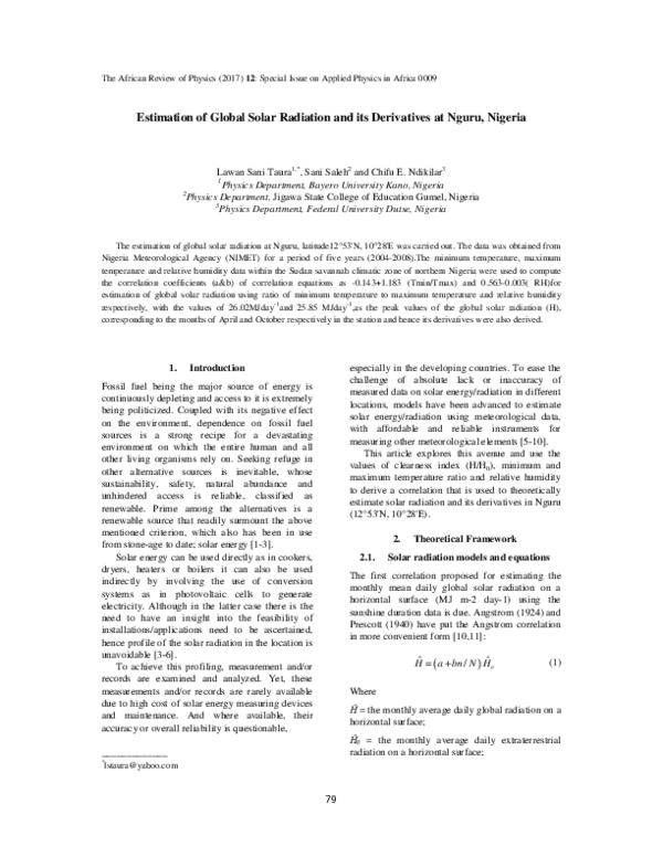 Pdf Estimation Of Global Solar Radiation And Its Derivatives At Nguru Nigeria