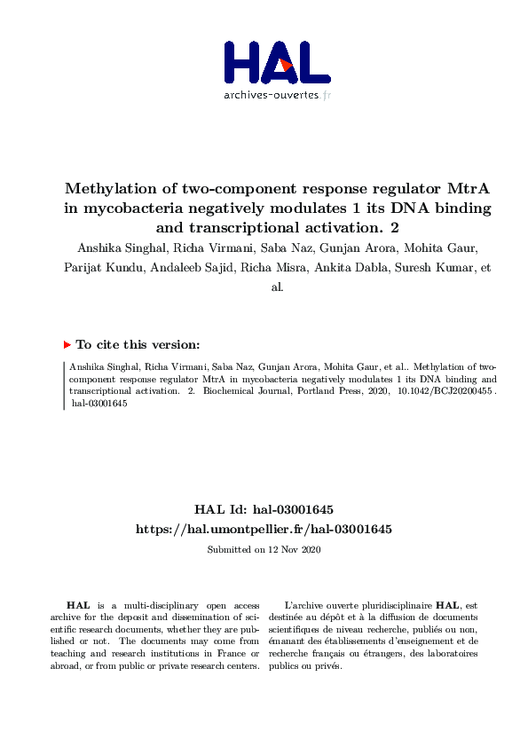 (PDF) Methylation of two-component response regulator MtrA in ...