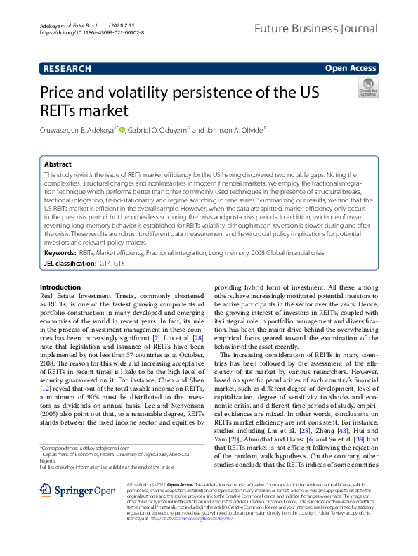 (PDF) Price and volatility persistence of the US REITs market