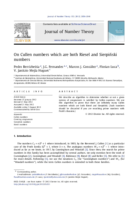 (PDF) On Cullen numbers which are both Riesel and Sierpiński numbers