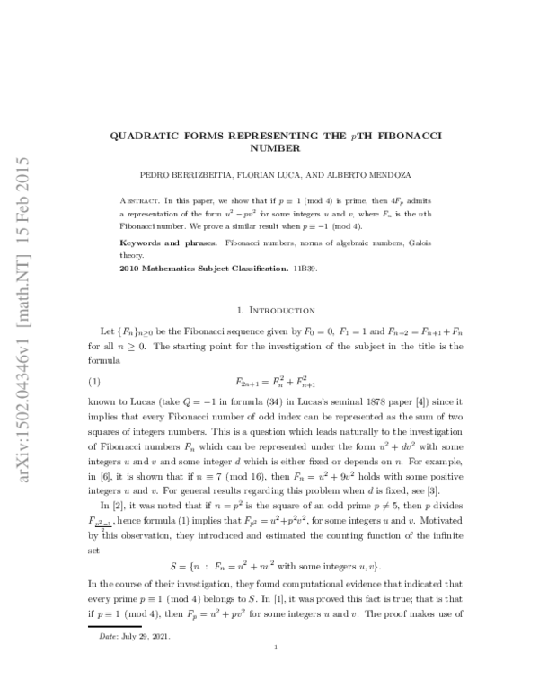 (PDF) Quadratic forms representing the $ p $-th Fibonacci number