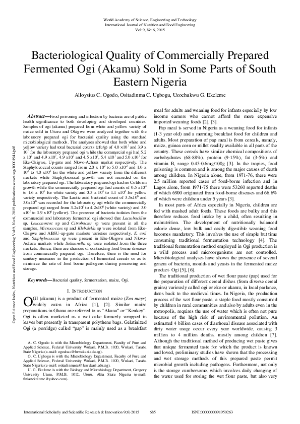 (PDF) Bacteriological Quality Of Commercially Prepared Fermented Ogi (Akamu) Sold In Some Parts ...