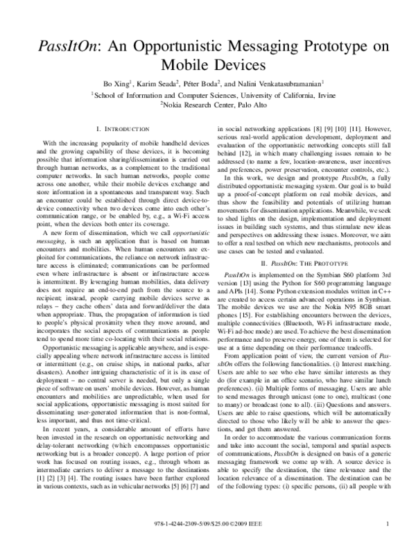 (PDF) PassItOn: An Opportunistic Messaging Prototype on Mobile Devices
