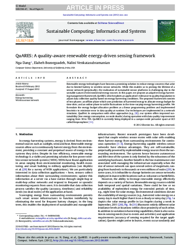 (PDF) QuARES: A quality-aware renewable energy-driven sensing framework | Nalini ...