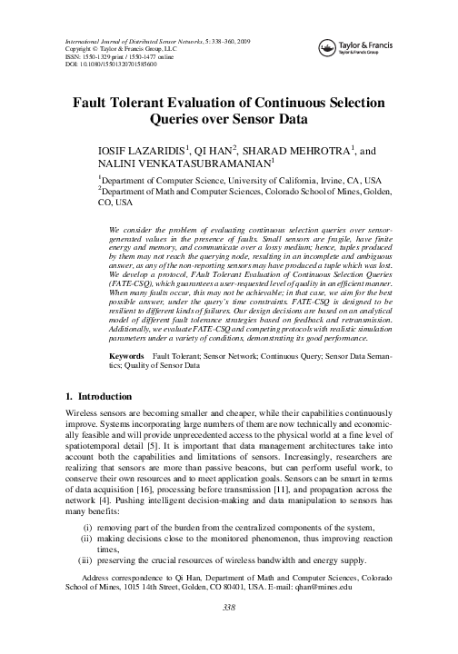 Pdf Fault Tolerant Evaluation Of Continuous Selection Queries Over Sensor Data Nalini