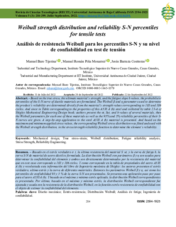 (PDF) Weibull strength distribution and reliability S-N percentiles for ...