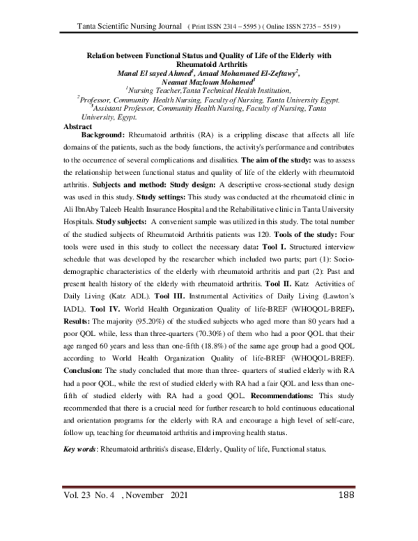 (PDF) Relation between Functional Status and Quality of Life of the ...