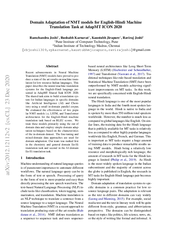 (PDF) Domain Adaptation of NMT models for English-Hindi Machine Translation Task at AdapMT ICON 2020
