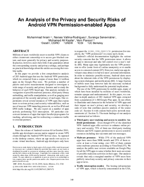 (PDF) An Analysis of the Privacy and Security Risks of Android VPN ...