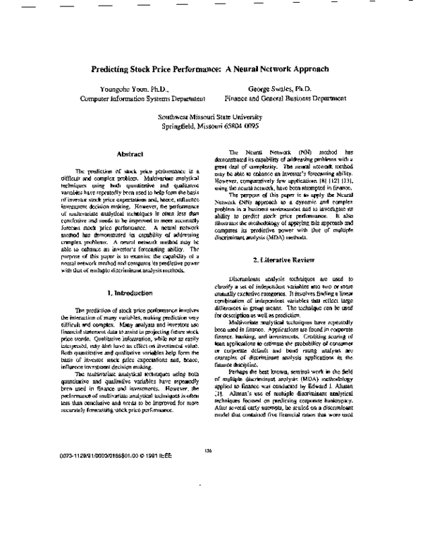 (PDF) Predicting stock price performance: a neural network approach