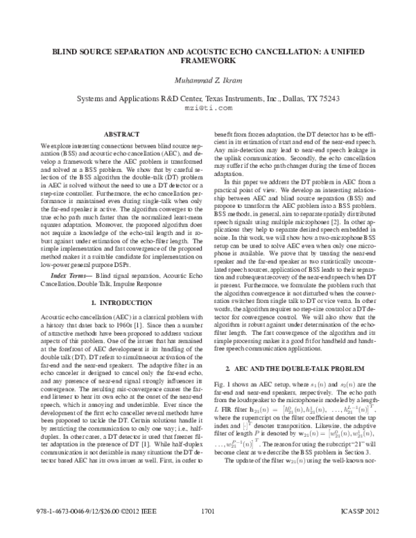 (PDF) Blind source separation and acoustic echo cancellation: A unified framework | Muhammad ...