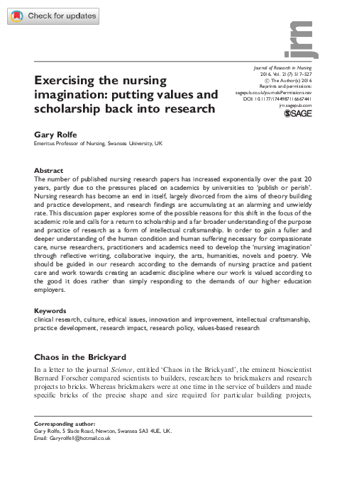 (PDF) Exercising the nursing imagination: putting values and scholarship back into research