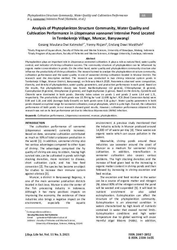 (PDF) Analysis of Phytoplankton Structure Community, Water Quality and Cultivation Performance ...