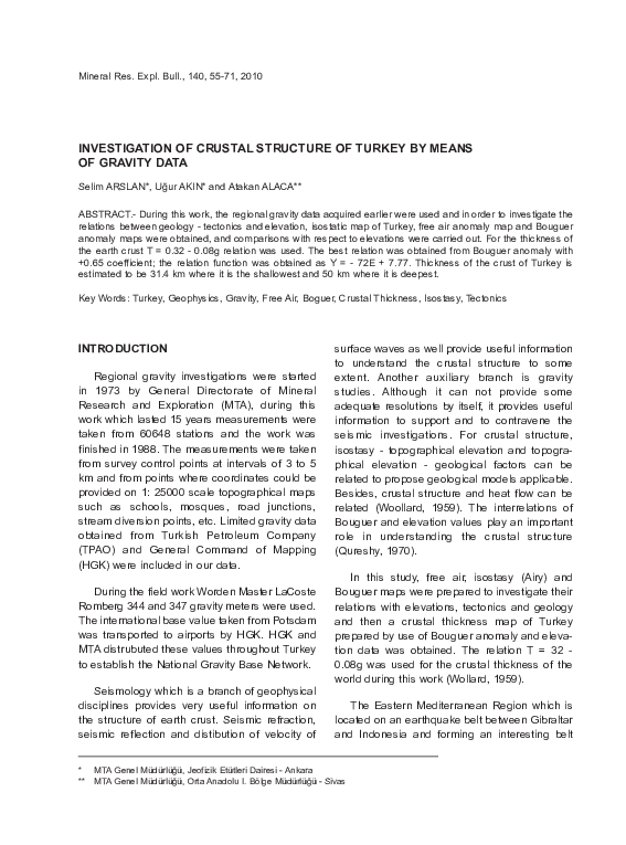 (PDF) Investigation of Crustal Structure of Turkey By Means of Gravity Data