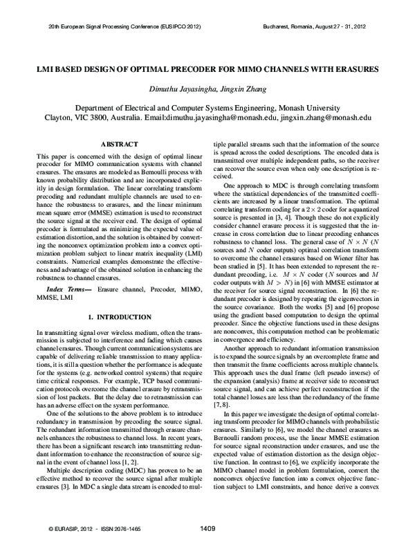 (PDF) LMI based design of optimal precoder for MIMO channels with erasures