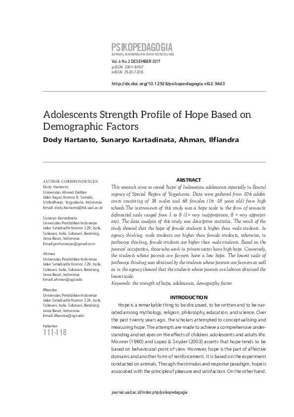 (PDF) Adolescents Strength Profile of Hope Based on Demographic Factors