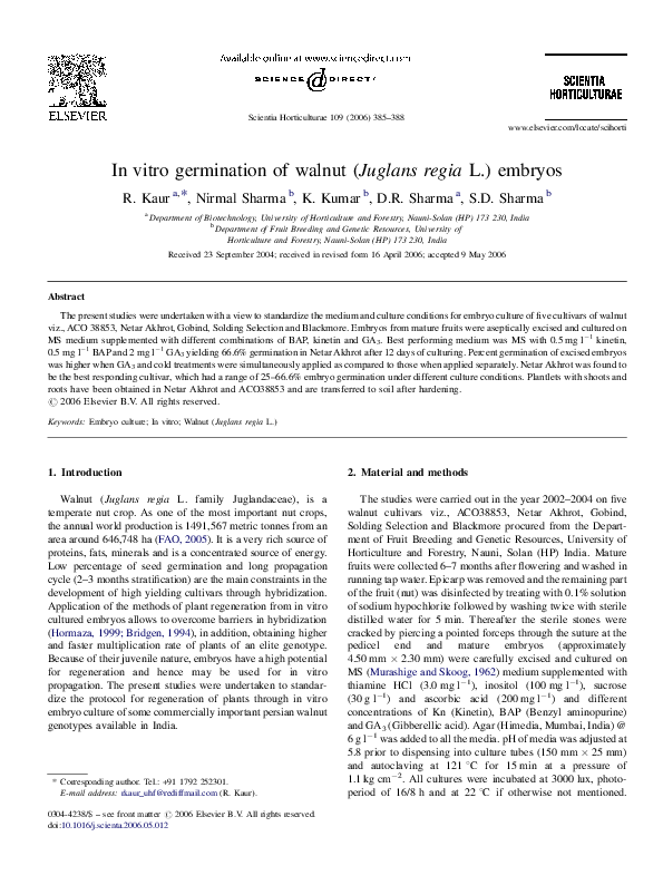(PDF) In vitro germination of walnut (Juglans regia L.) embryos