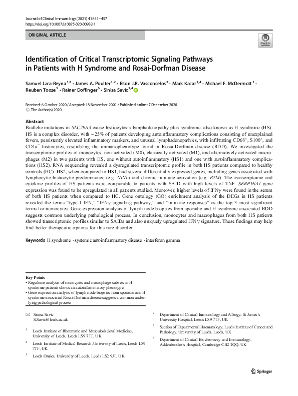 (PDF) Identification of Critical Transcriptomic Signaling Pathways in Patients with H Syndrome ...