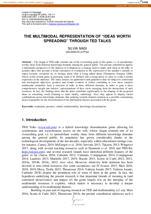 (PDF) The multimodal representation of "Ideas worth spreading" through TED talks
