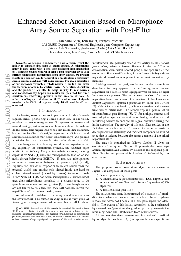 Pdf Enhanced Robot Audition Based On Microphone Array Source Separation With Post Filter 0912