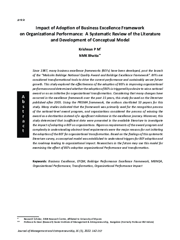 (PDF) Impact of Adoption of Business Excellence Framework on ...