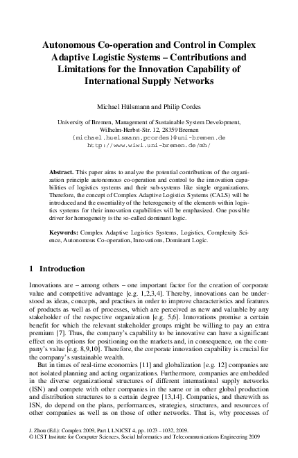 (PDF) Autonomous Co-operation and Control in Complex Adaptive Logistic Systems – Contributions ...