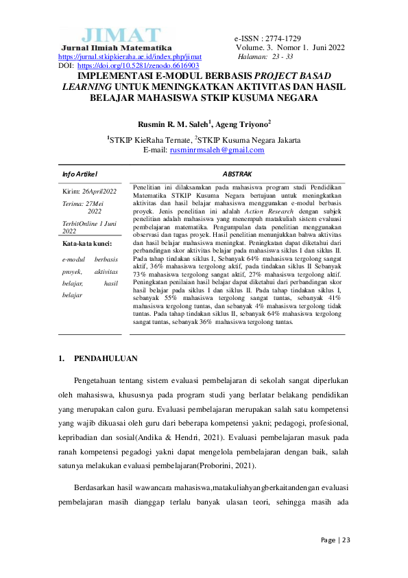 (PDF) Implementasi E-Modul Berbasis Project Based Learning Untuk Meningkatkan Aktivitas Dan ...