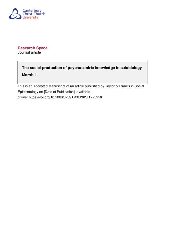 (PDF) The Social Production of Psychocentric Knowledge in Suicidology ...
