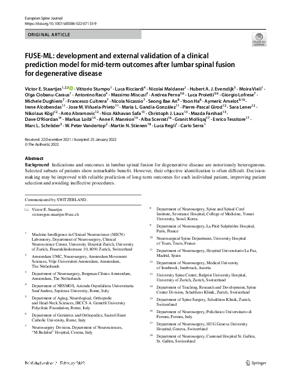 (PDF) FUSE-ML: development and external validation of a clinical prediction model for mid-term ...