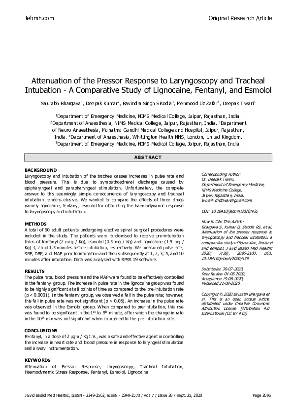 (PDF) Attenuation of the Pressor Response to Laryngoscopy and Tracheal ...