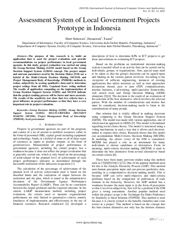 (PDF) Assessment System of Local Government Projects Prototype in Indonesia